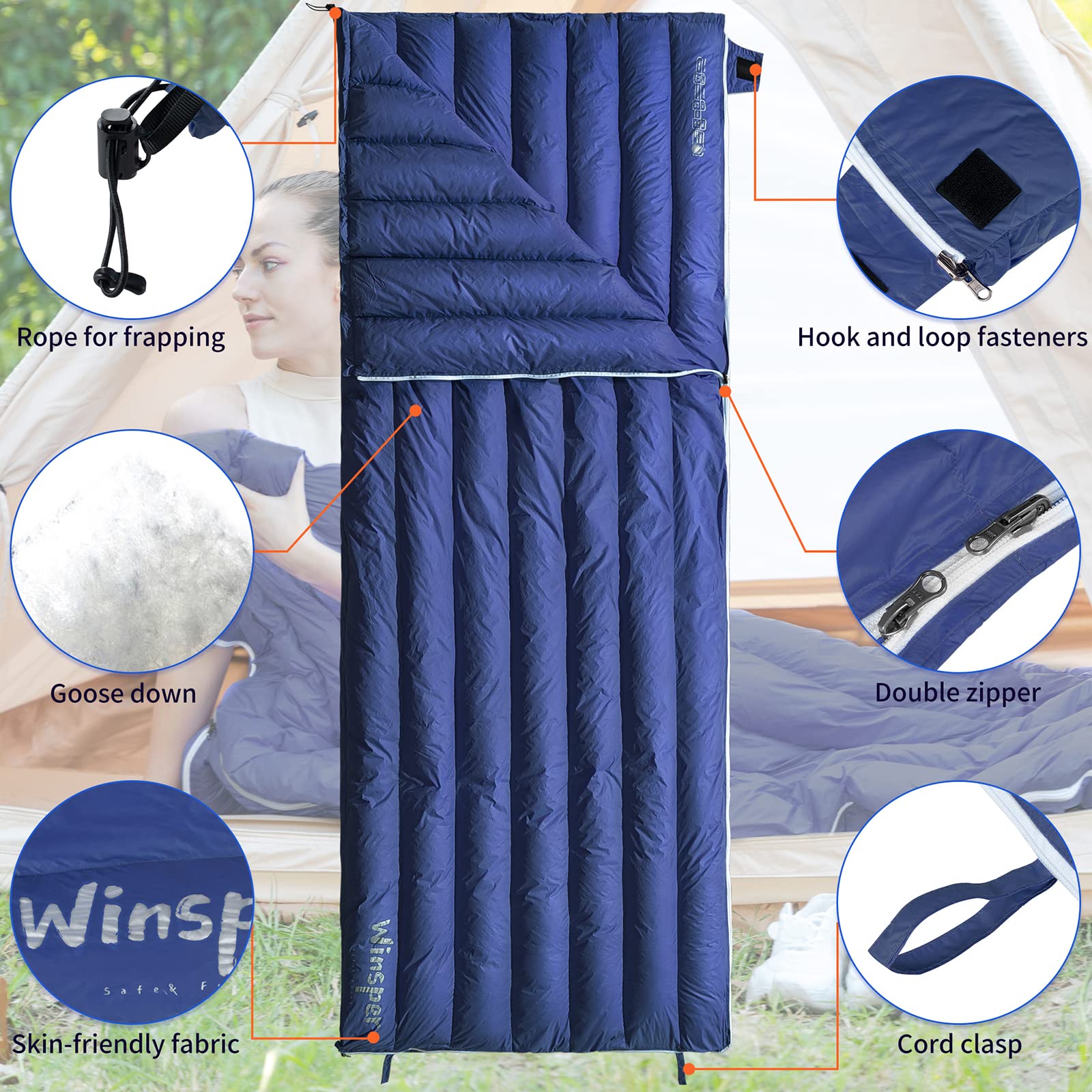 Winsper Ultralight Goose Down Sleeping Bag, 800 Fill Power Lightweight Down Backpack Envelope Sleeping Bag for Hiking Camping - 1.73lb Large, Navy Blue