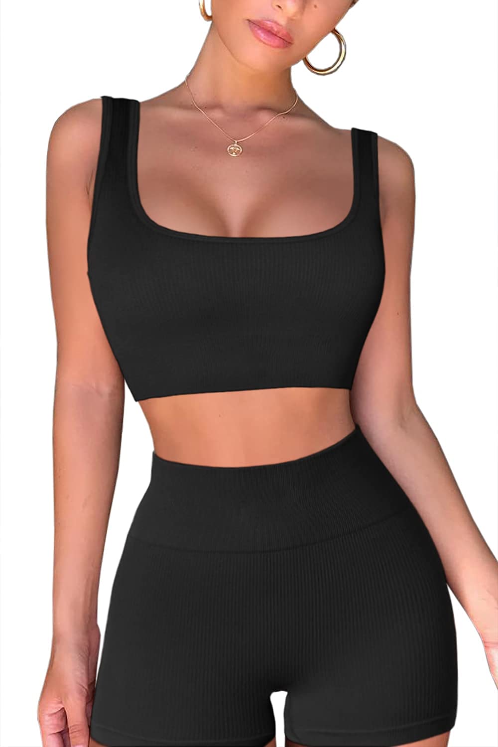 QINSEN Ribbed Booty Shorts for Women High Waist,Seamless Workout Bra 2 Piece Outfits Set Black M