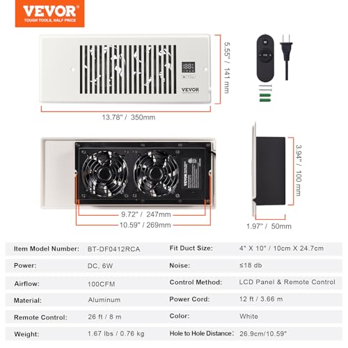 VEVOR Register Booster Fan, Quiet Vent Booster Fan Fits 4β x 12β Register Holes, with Remote Control and Thermostat Control, Adjustable Speed for Heating Cooling Smart Vent, White