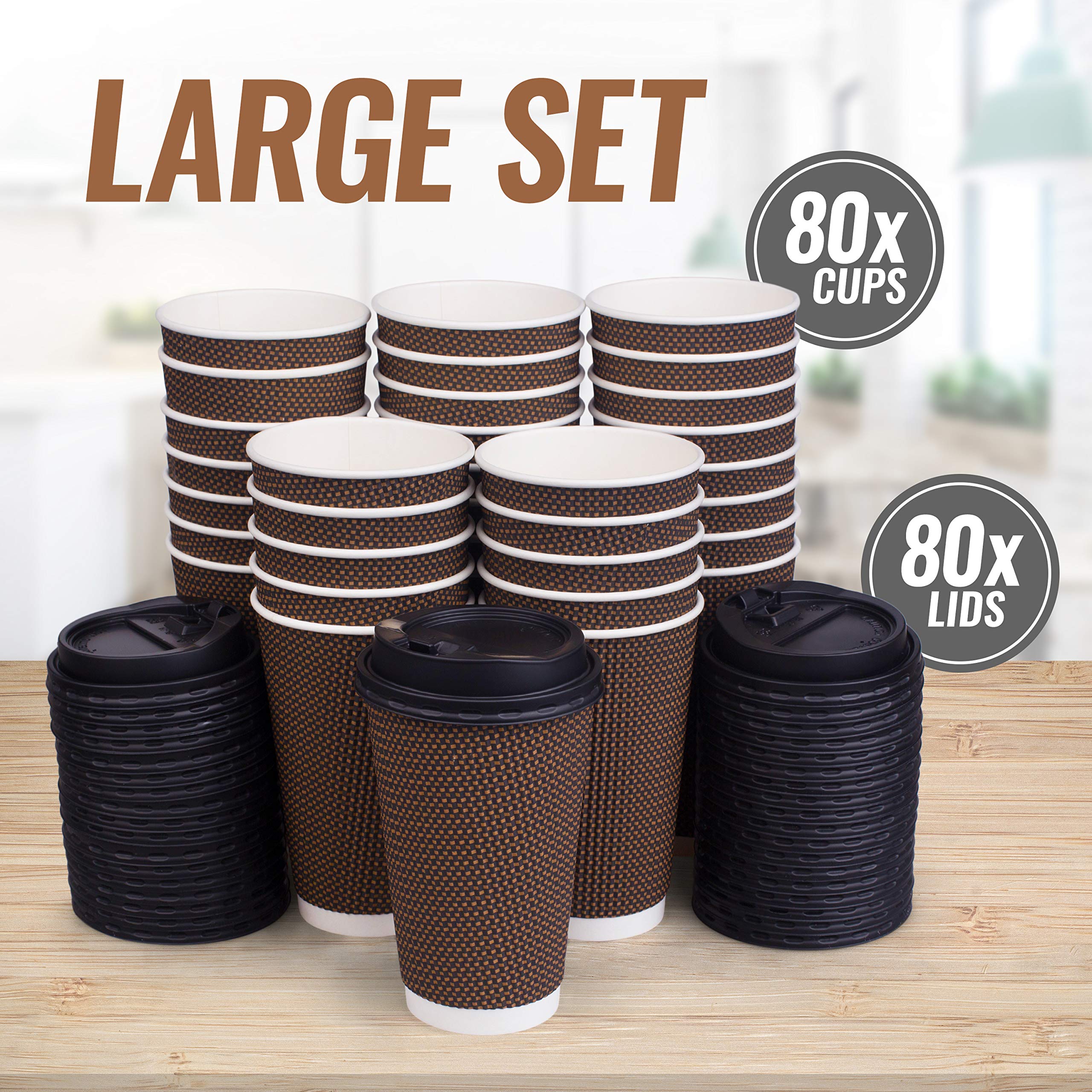 Promora Brown Disposable Coffee Cups With Lids 16 oz, Premium Insulated Paper Ripple Cups for Hot Coffee, Paper Cups 16 oz Coffee Cups 16 oz, Hot Cups With Lids 16 oz, Paper Coffee Cups (80 Pack)