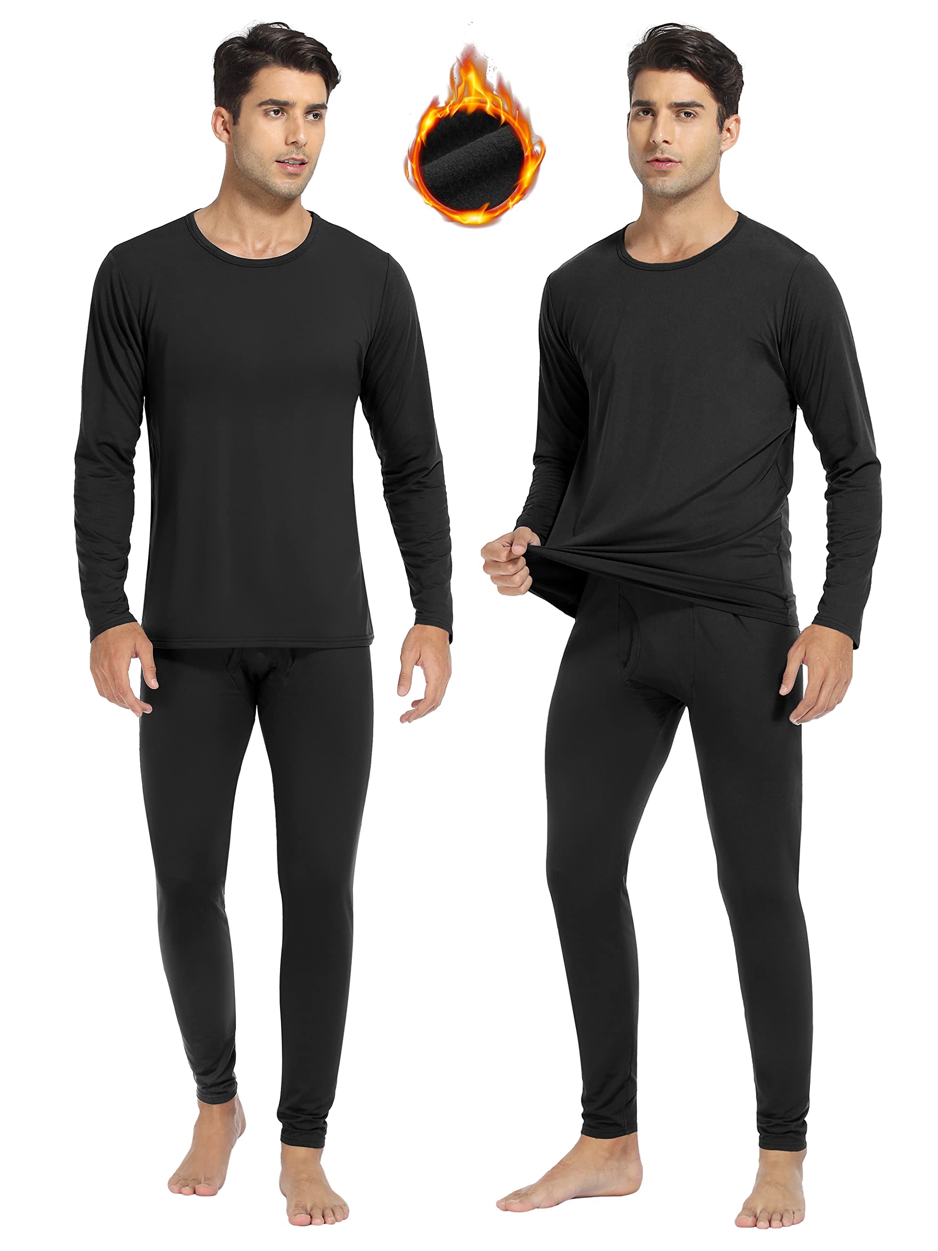 URATOT 2 Sets Men's Thermal Underwear Set Fleece Lined Thermal Underwear Soft Long Johns Top Bottom Set for Men Cold Winter Black