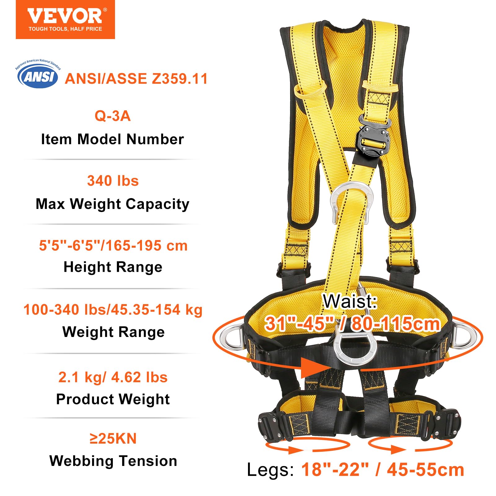 VEVOR Safety Harness, Universal Full Body Harness, Detachable Safety Harness Fall Protection with Added Padding on Shoulder, Back, Waist, Legs, and 5 D-Rings, ANSI/ASSE Z359.11, 340 lbs