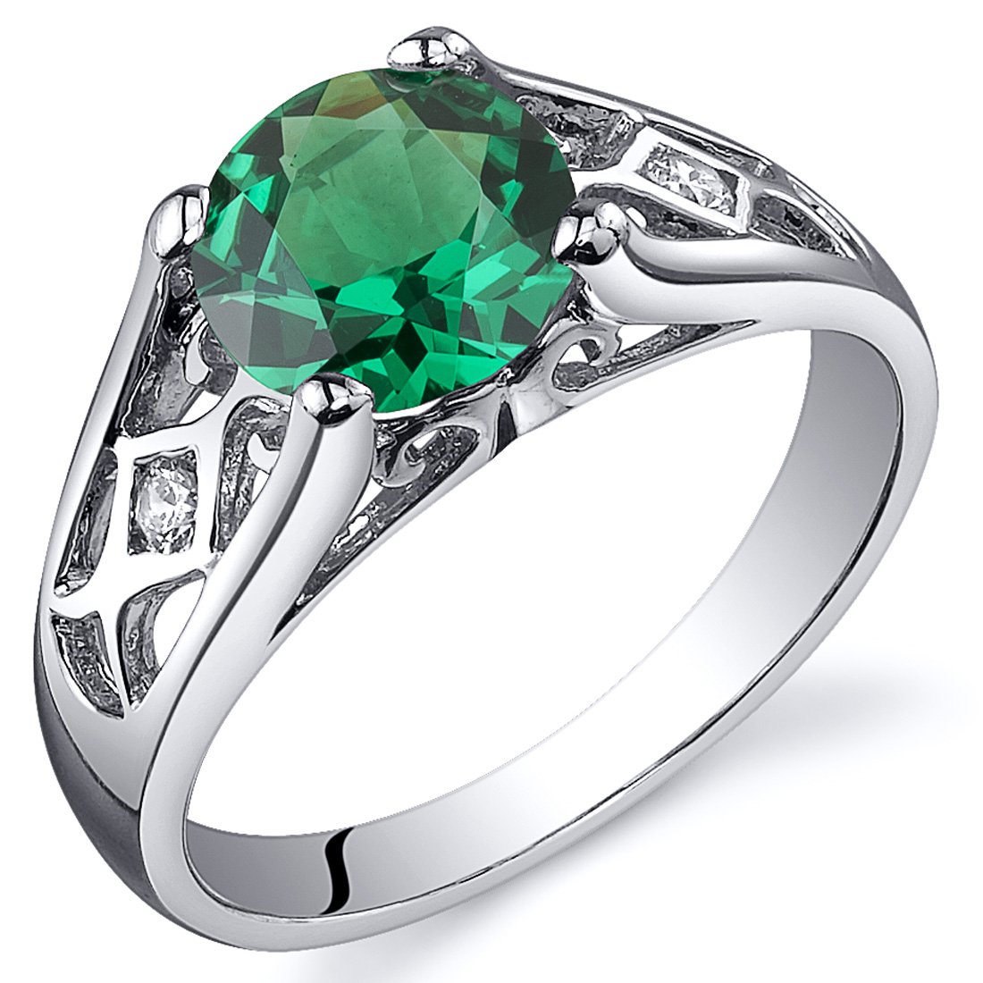 PEORA Simulated Emerald Cathedral Solitaire Ring for Women 925 Sterling Silver, 1.25 Carats Round Shape 7mm, Size 8