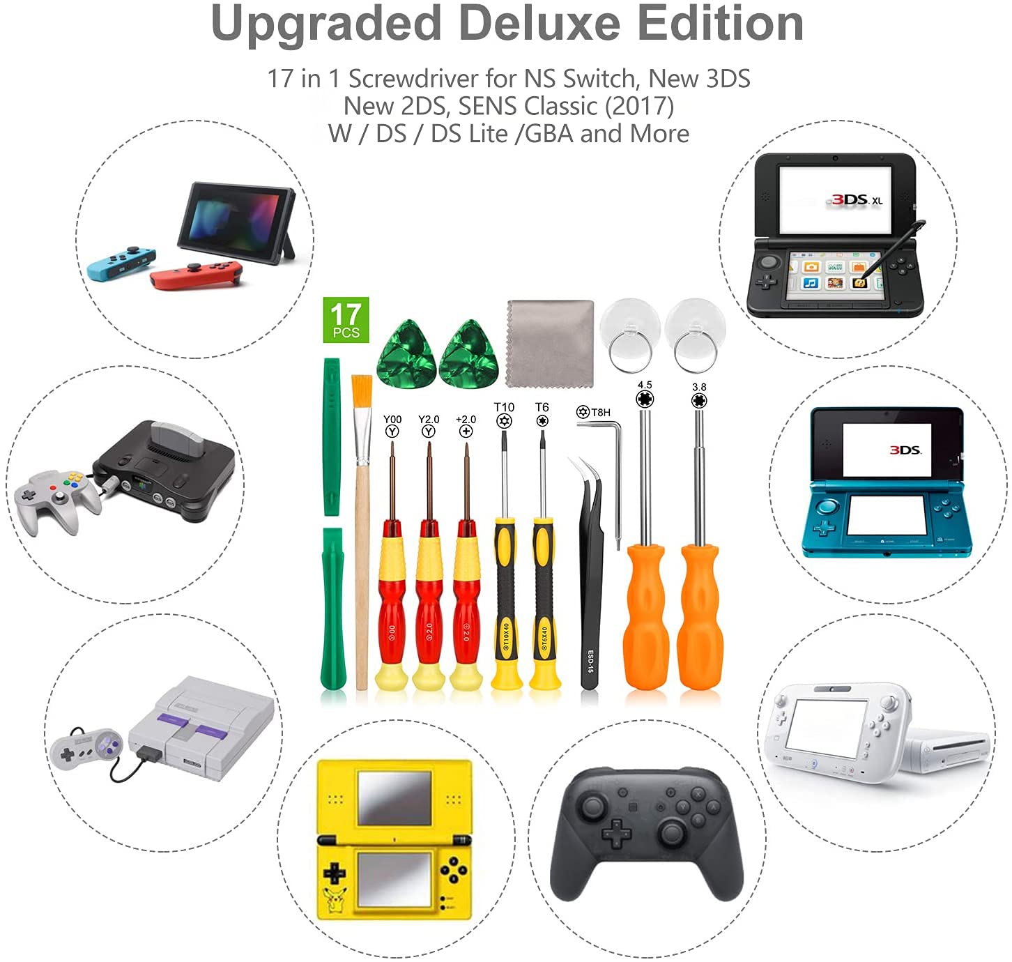 Repair Kit for NS Switch, Younik 17 in 1 Switch Screwdriver Set, Screwdriver Game Bit Repair Tool Kit for NS Switch/Switch Lite/J-Con/DS/NES/SNES/DS Lite/GBA