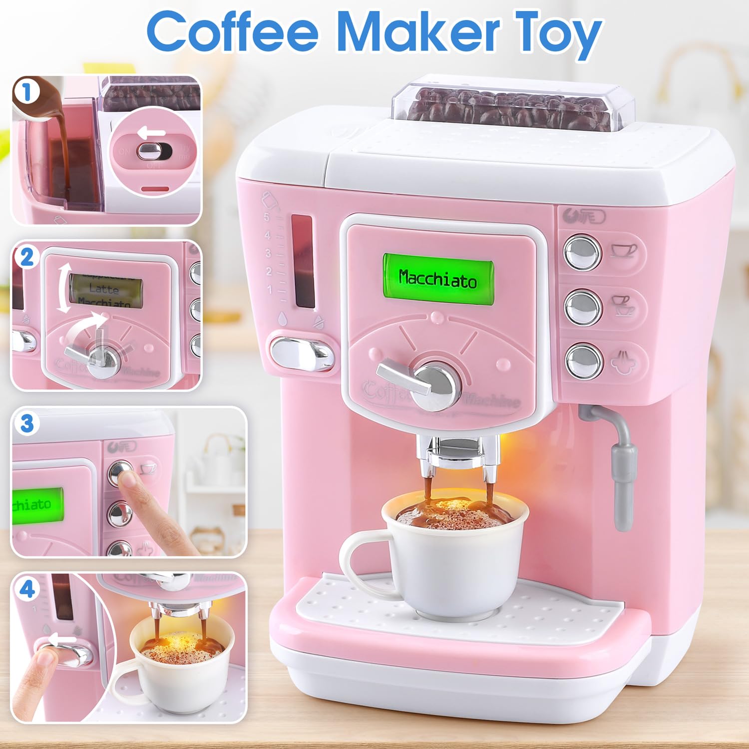 Play Kitchen Appliances Toys - Kids Kitchen Playset Accessories Pretend Kitchen Play for Toddlers 3-5 Large Coffee Maker, Mixer, Toaster with Realistic Sound Play Kitchen for Kids Ages 4-8 Gift