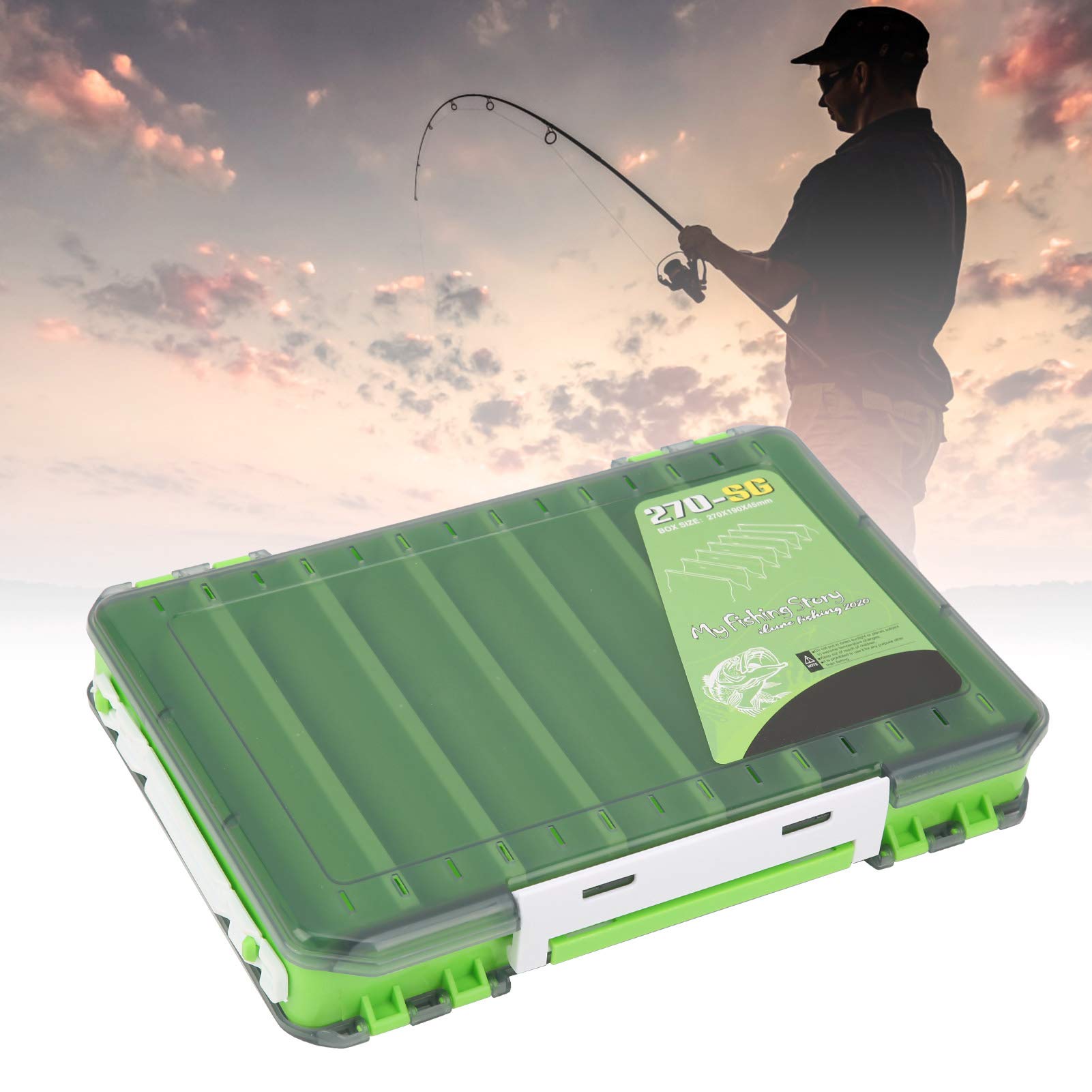 Qqmora Double Open Design Lure Storage Accessories Box 16 Grids Double-sided Design Pratical,for Storing Bait,Hooks and Fishing Accessories(green)
