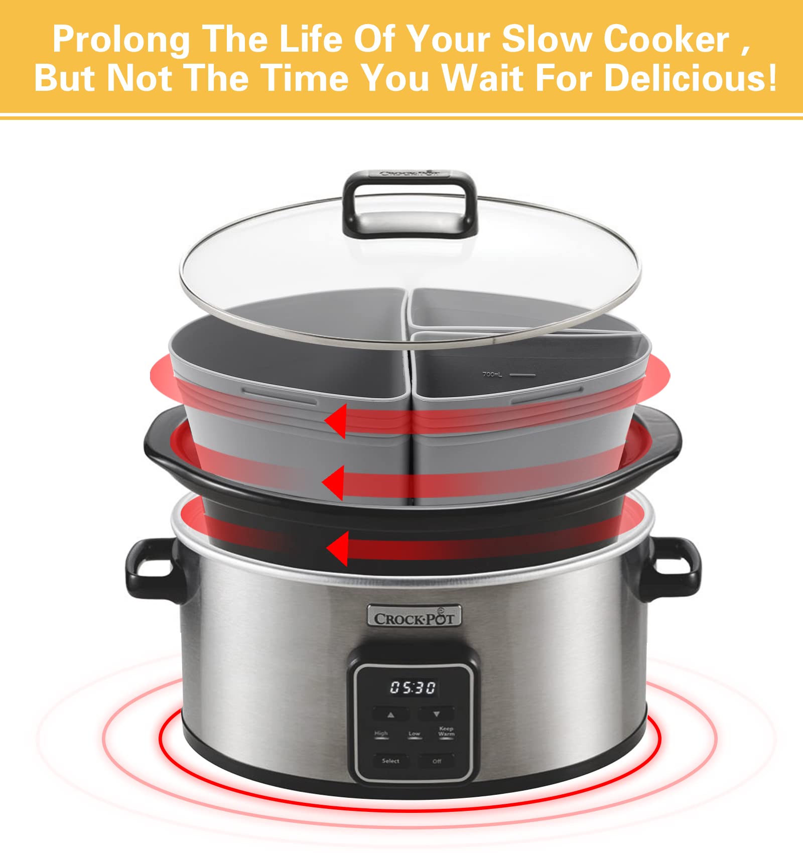 Slow Cooker Divider Liners fit Crock-Pot 6-7 Quart Oval Slow Cooker,3 in 1 Reusable & Leakproof Dishwasher Safe Cooking Liner for 6-7QT Crock Pot