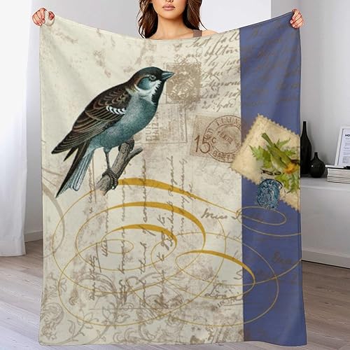 Plush Throw Blanket Vintage Birds Postage Stamp Soft Cozy Blanket Flannel Blankets All-Season for Sofa Couch Bed, 60" X 80"
