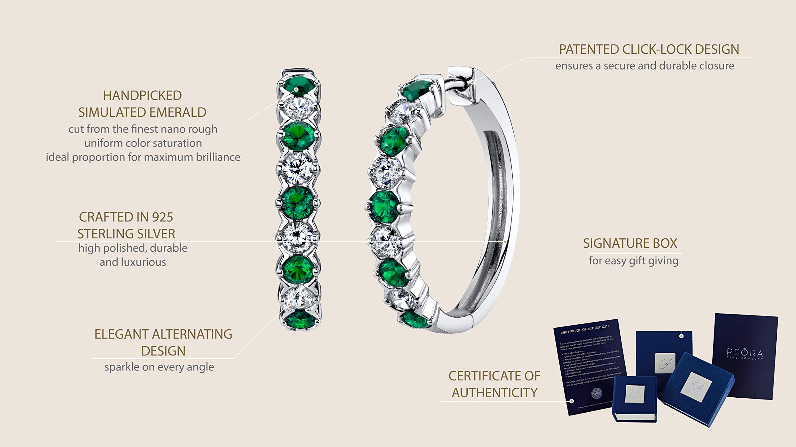 Peora Simulated Emerald and White Cubic Zirconia Women's Hoop Earrings in Sterling Silver, 1.50 Carats total, 1 inch Diameter