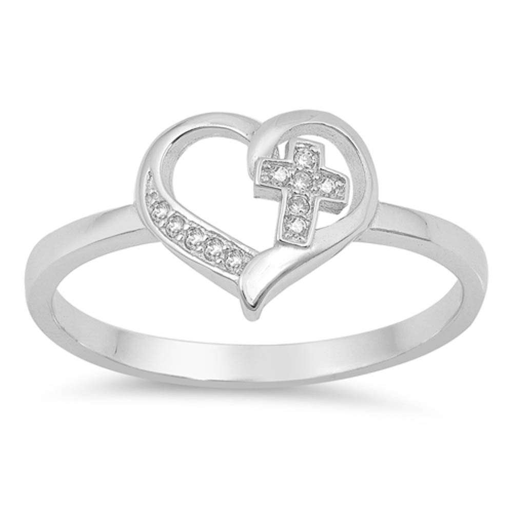 Oxford Diamond Co Sterling Silver Simple Cross Heart CZ Promise Purity Ring Sizes 9