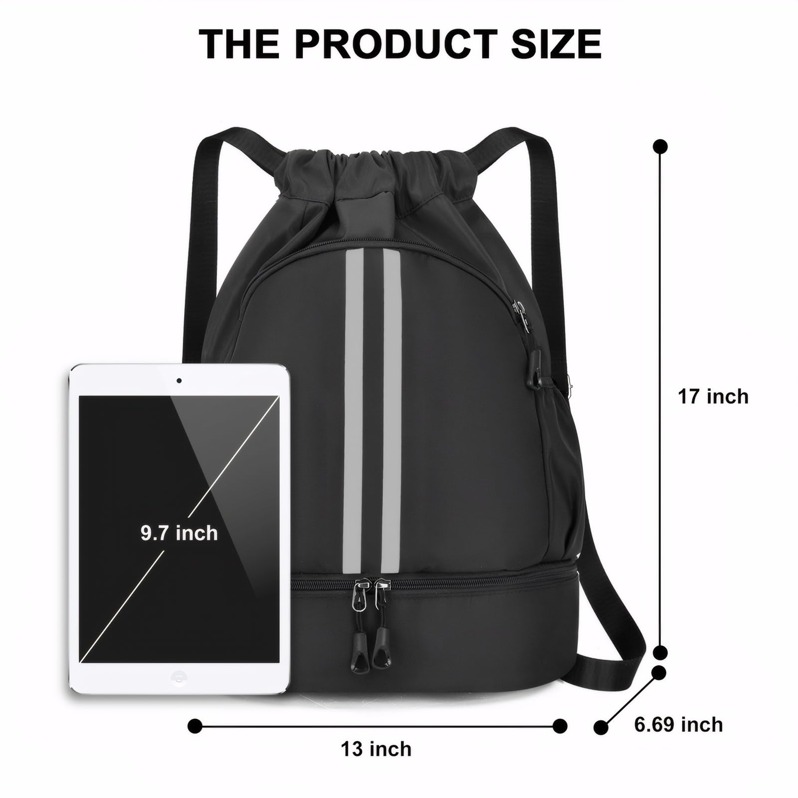 Oziral Drawstring Backpack, Water-Resistant Sports Gym Bag with Shoe Compartment and Two Side Mesh Pockets, String Backpack with Reflective Strip for Men and Women (Grey)