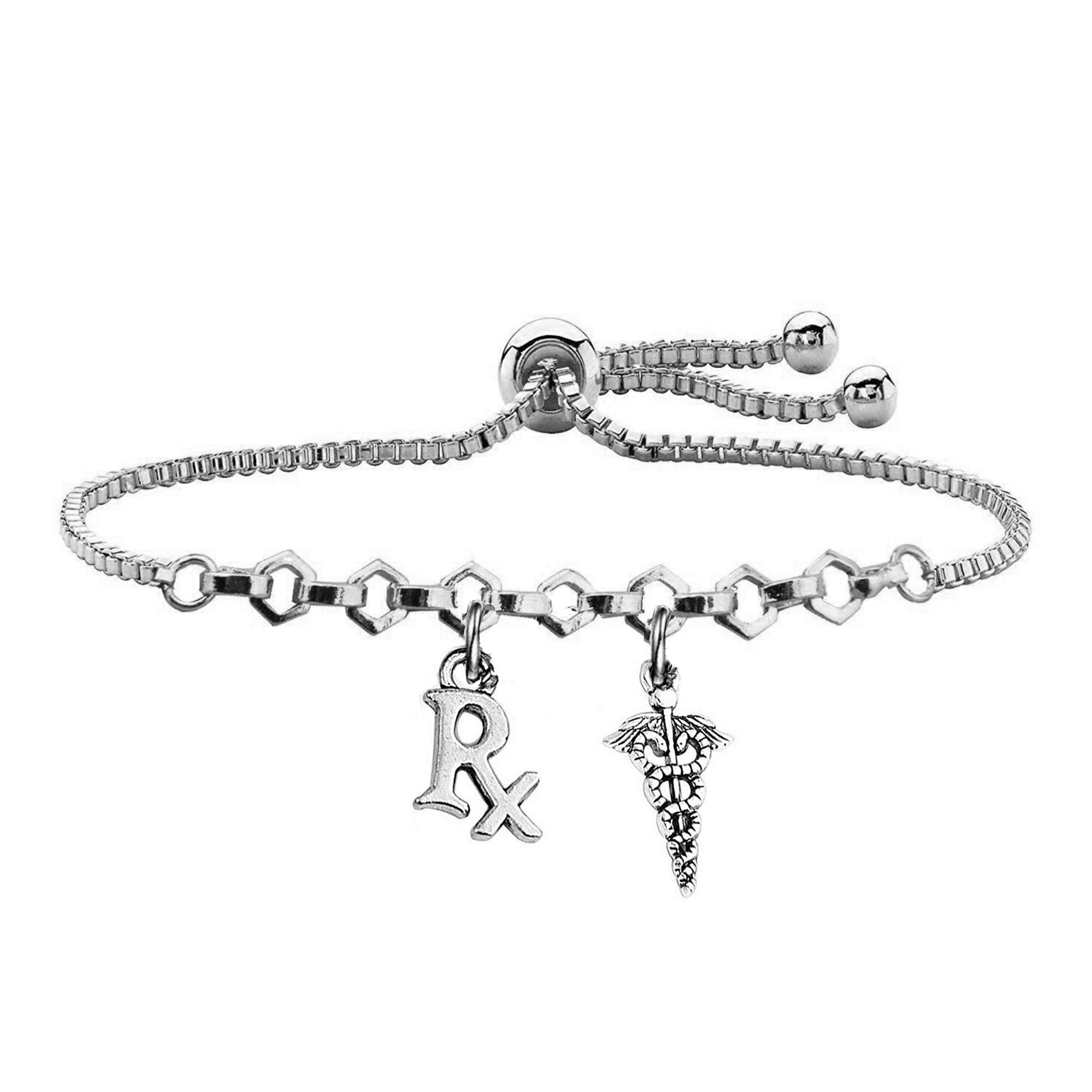 QIIER Pharmacist Gift RX Bracelet RX Symbol Pharmacy Charm Slider Bracelet Pharmacy Technician Jewelry Pharmacy Student Graduation Gift (silver)