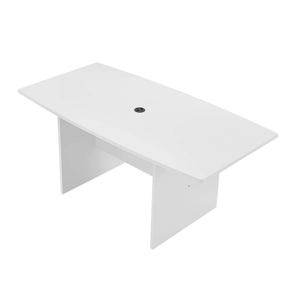 Panana Boat Shaped Conference Room Table with Wood Base in Cherry/White/Black, 68.5" W x 32.1" D,Business Furniture (White)