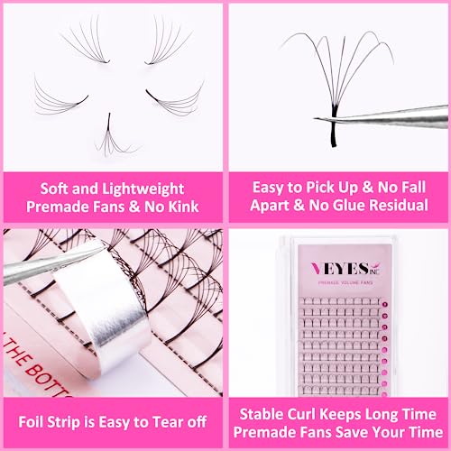 VEYES INC Lash Extension Supplies Premade Fans Eyelash Extensions Mixed Tray 8D 0.07 D curl 9-16mm Short Stem Volume Lashes Matte Black 320FANS