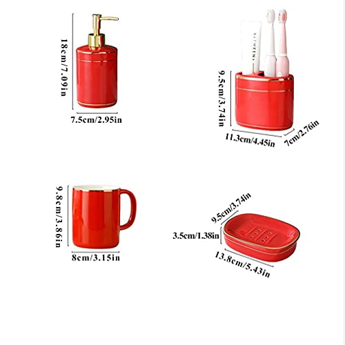 Soap Dispenser Bathroom Accessories Ceramic Set Complete 6 Piece Red - Bath Decor Kit Includes Soap Dispenser Toothbrush Holder Tumbler Soap Dish and Tray, For Wedding Soap Dispenser for Bathroom Kitc