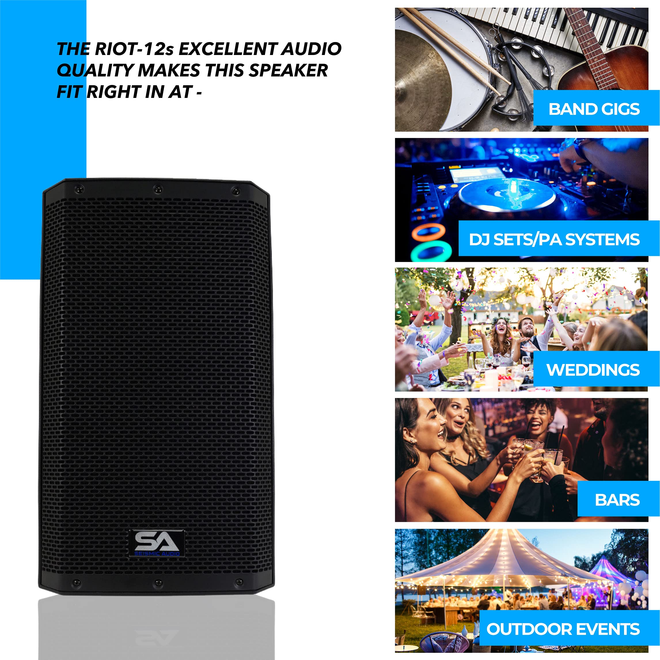 Seismic Audio Speakers Riot-12, Pair of Premium PA/DJ 2-Way Active PA/DJ Speakers, 12β, Bluetooth, DSP, Built in Mixer & Class D Amplifier