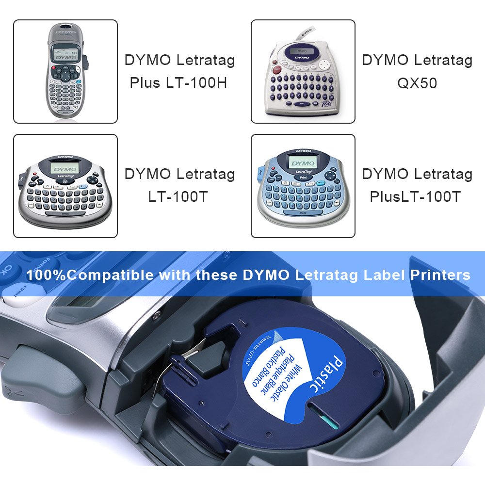 Replace for Dymo LetraTag Refills 91331 White Plastic Label Tape 12mm x 4m 1/2" x 13' Label Maker Refills Compatible with Dymo Letra Tag Label Maker LT100H LT100T QX50, Black on White, 4-Pack
