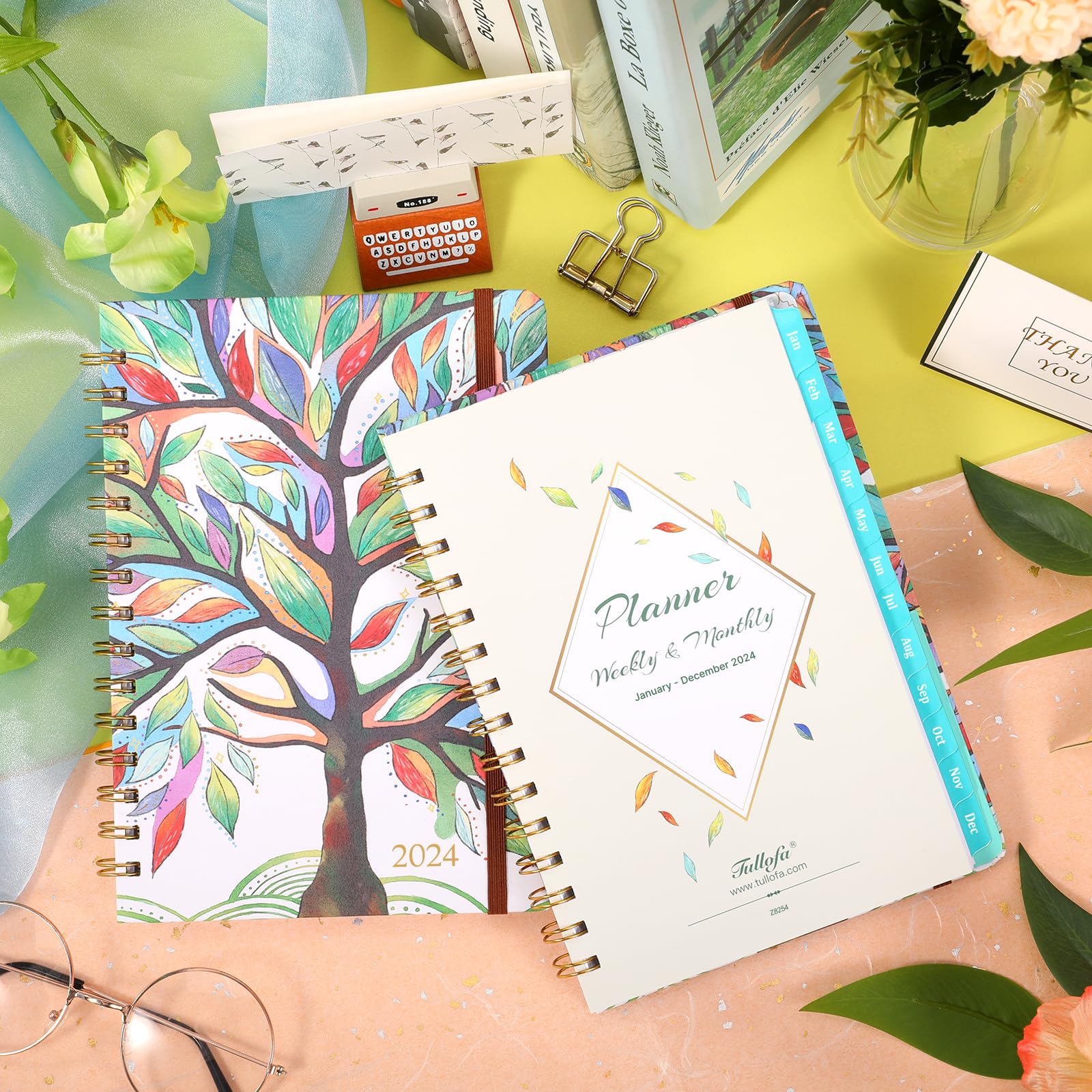 Planner 2024 - JAN. 2024 - DEC. 2024, 2024 Planner, Planner 2024, Weekly & Monthly Planner 2024 with Tabs, 6.3" x 8.4", Hardcover with Back Pocket + Thick Paper + Twin-Wire Binding - Watercolor Tree
