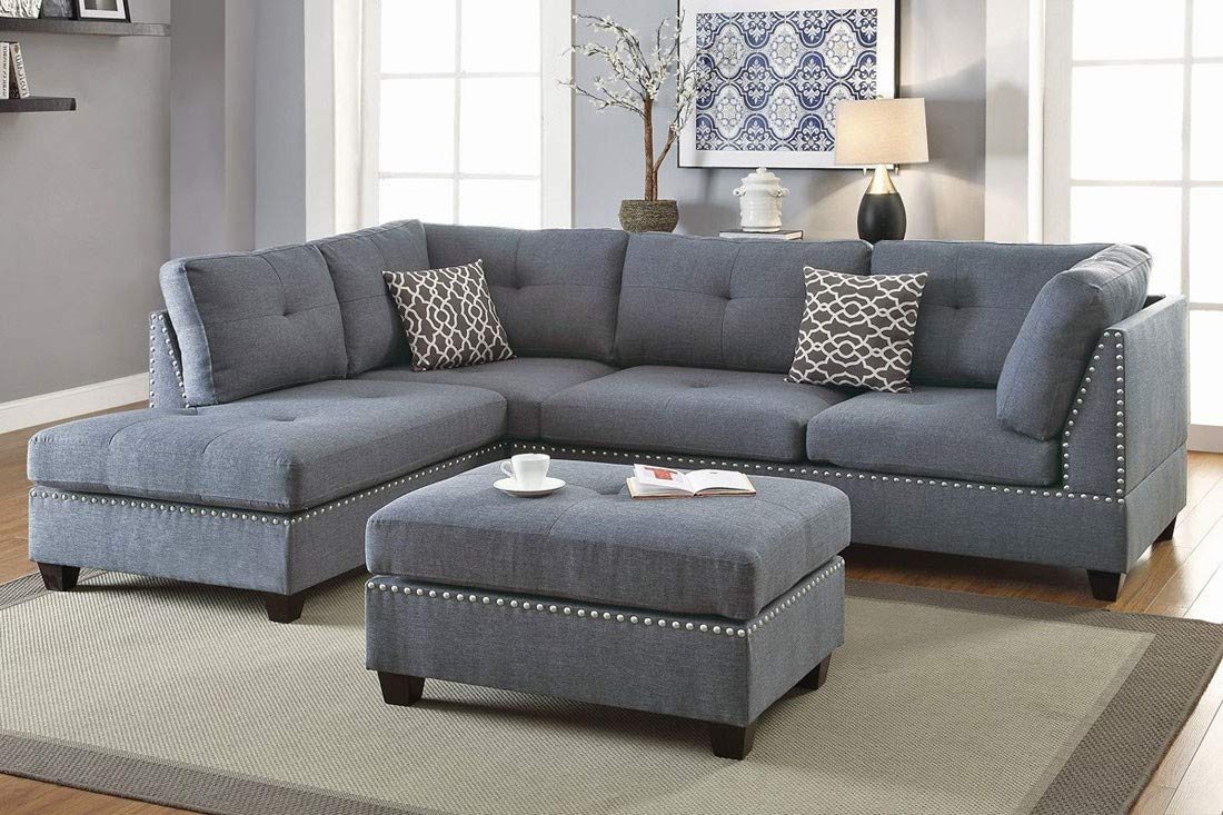 Poundex Bold and Beautiful 3-Piece Sectional Sofa Grey w/Silver Studs