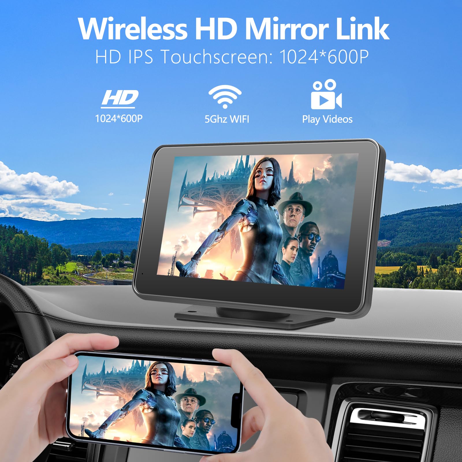 Portable Wireless Carplay Car Stereo - 7'' HD Touch Screen Carplay & Android Auto, 1080p Backup Camera, GPS Navigation Drive Mate with Mirror Link/AUX/FM/Bluetooth for All Vehicles