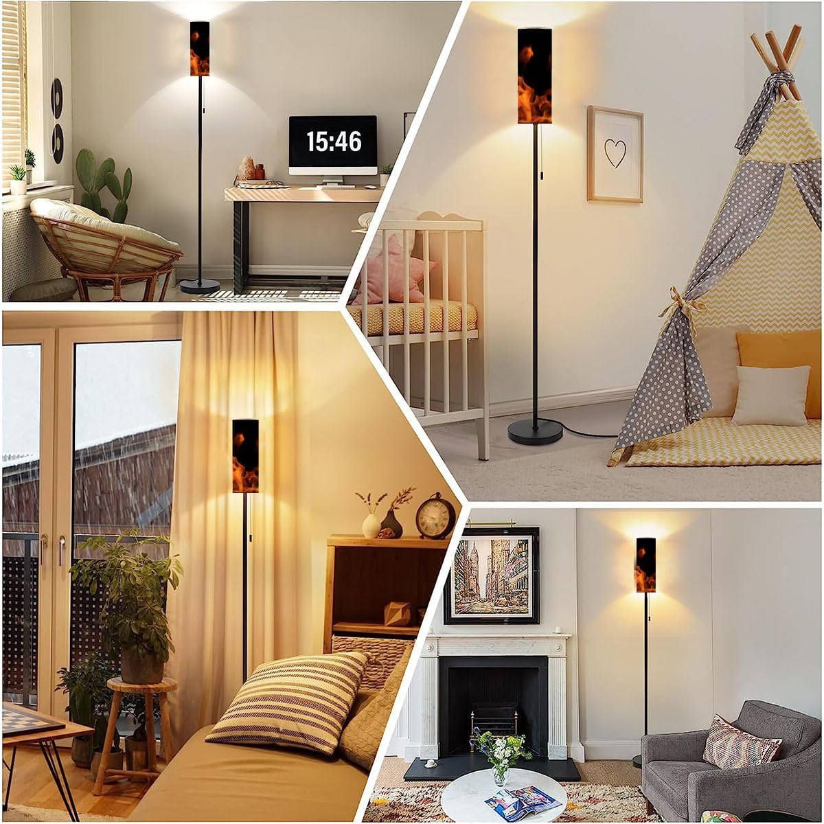 RZNTJHUINA Modern Standing Lamps 3D Pattern Burning Black Minimalist Floor Lamp Metal Pole Lamp with Linen Lampshade for Bedroom Living Room Office Nursery Reading Foot Switch