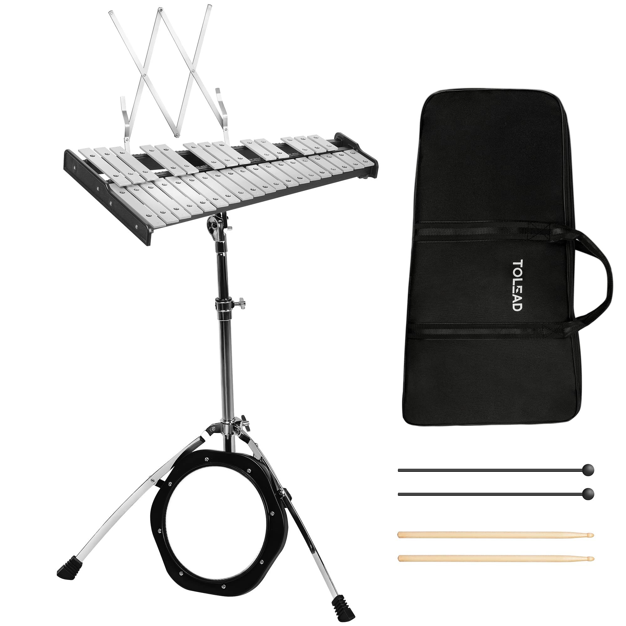 TOLEAD 32 Notes Glockenspiel Kit Xylophone Bell Percussion Instruments with Adjustable Height Stand, Practice Pad Mallets & Wooden Drumsticks, Portable Carrying Bag