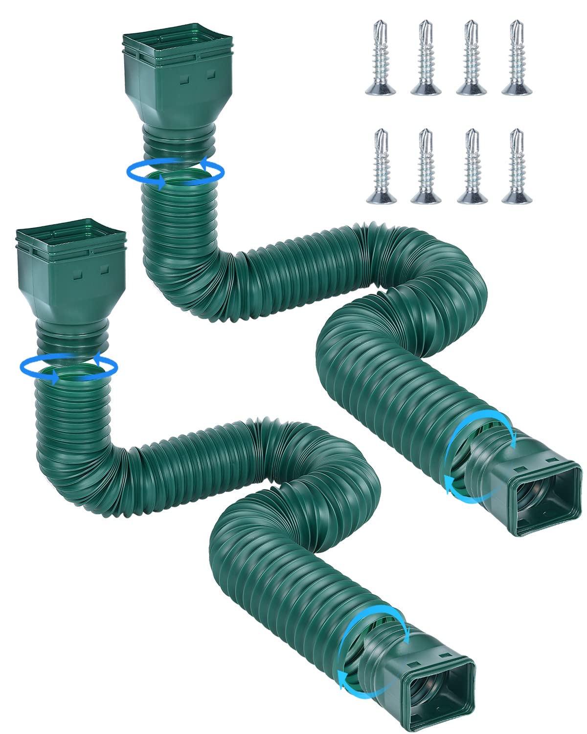 POBOMVOM Rain Gutter Downspout Extensions, 21"-60" Flexible Drain Downspout Extender, Rainwater Drainage Pipe with 4" x 3" and 3" x 2" Connectors, Screws Included (2 Packs, Green)