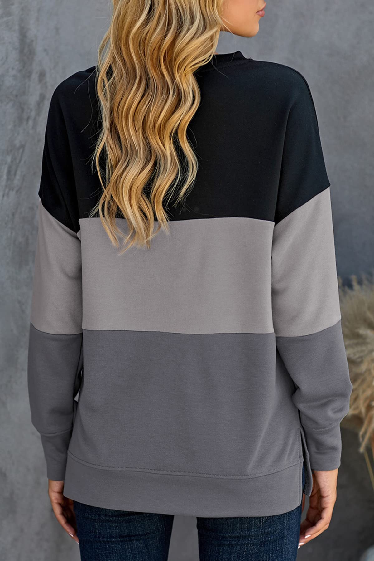 URMOSS Womens Casual Long Sleeve Crewneck Sweatshirt Color Block Lightweight Loose Pullover Tops Shirts (Multi Black,S)