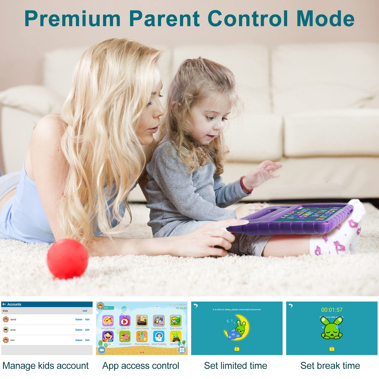 Tablet for Kids, AOCWEI 7 inch Android 11 Toddler Kid Tablet, 2GB RAM 32GB ROM, Quad Core, Parental Control Mode, Kids Software Pre-Installed, Cute Kid-Proof Case, WiFi, Bluetooth, Learning (Purple)