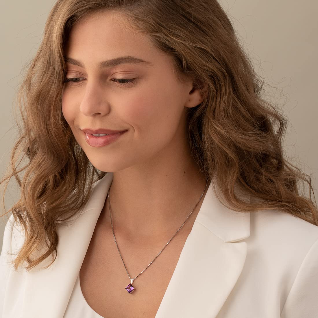 PEORA Solid 14K White Gold Amethyst Pendant for Women, Genuine Gemstone Birthstone Solitaire, Princess Cut, 8mm, AAA Grade, 2 Carats total