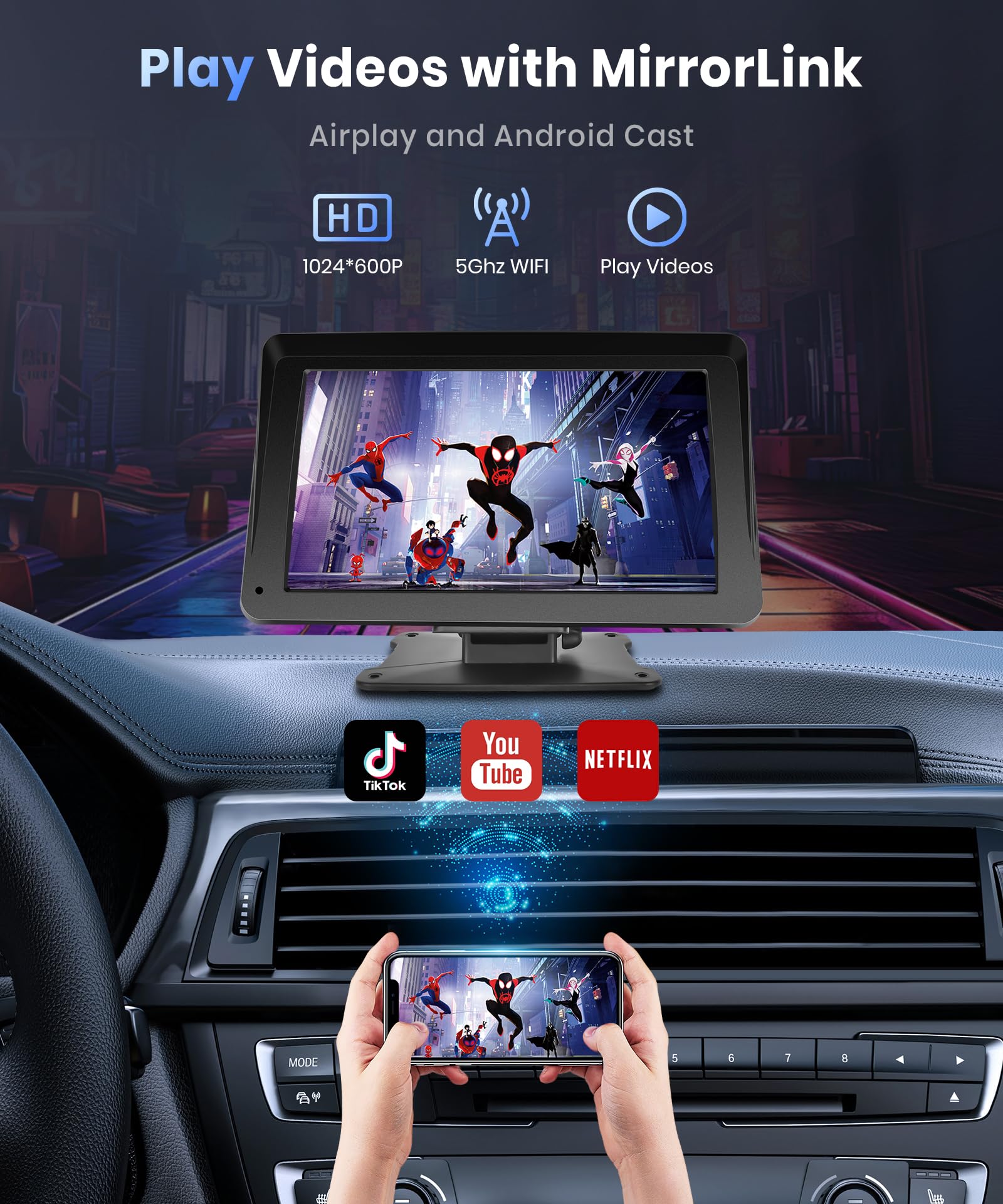 Podofo Portable Car Stereo Wireless Apple Carplay Android Auto,7 Inch Touch Screen Car Radio with Bluetooth Hands-Free/Mirror Link/Maps Navigation/Voice Control/TF Card/AUX,for Cars, Trucks, SUVs