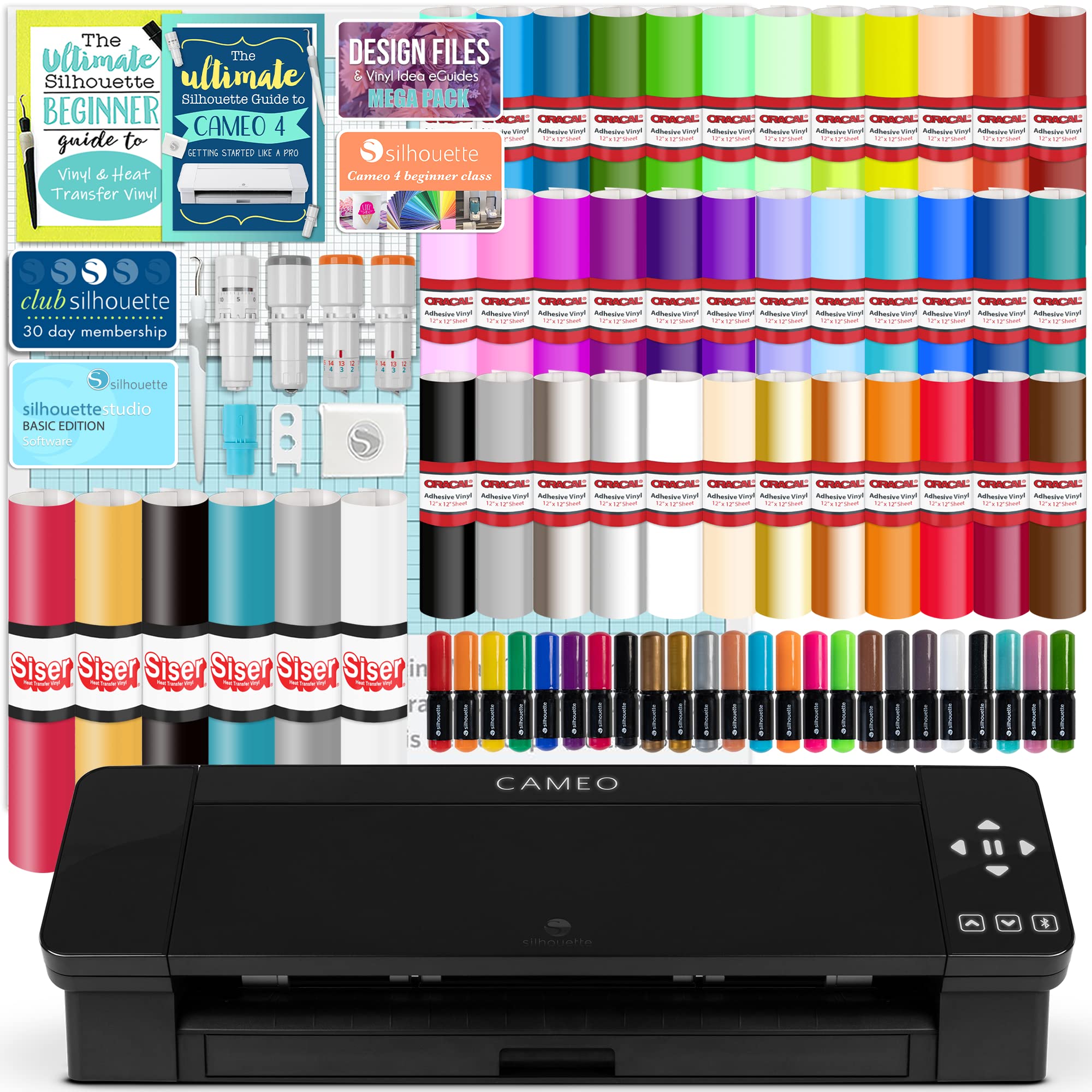 Silhouette Black Cameo 4 Bundle with Blade Pack, 38 Oracal Sheets, HTV, Pens, Guides, & More