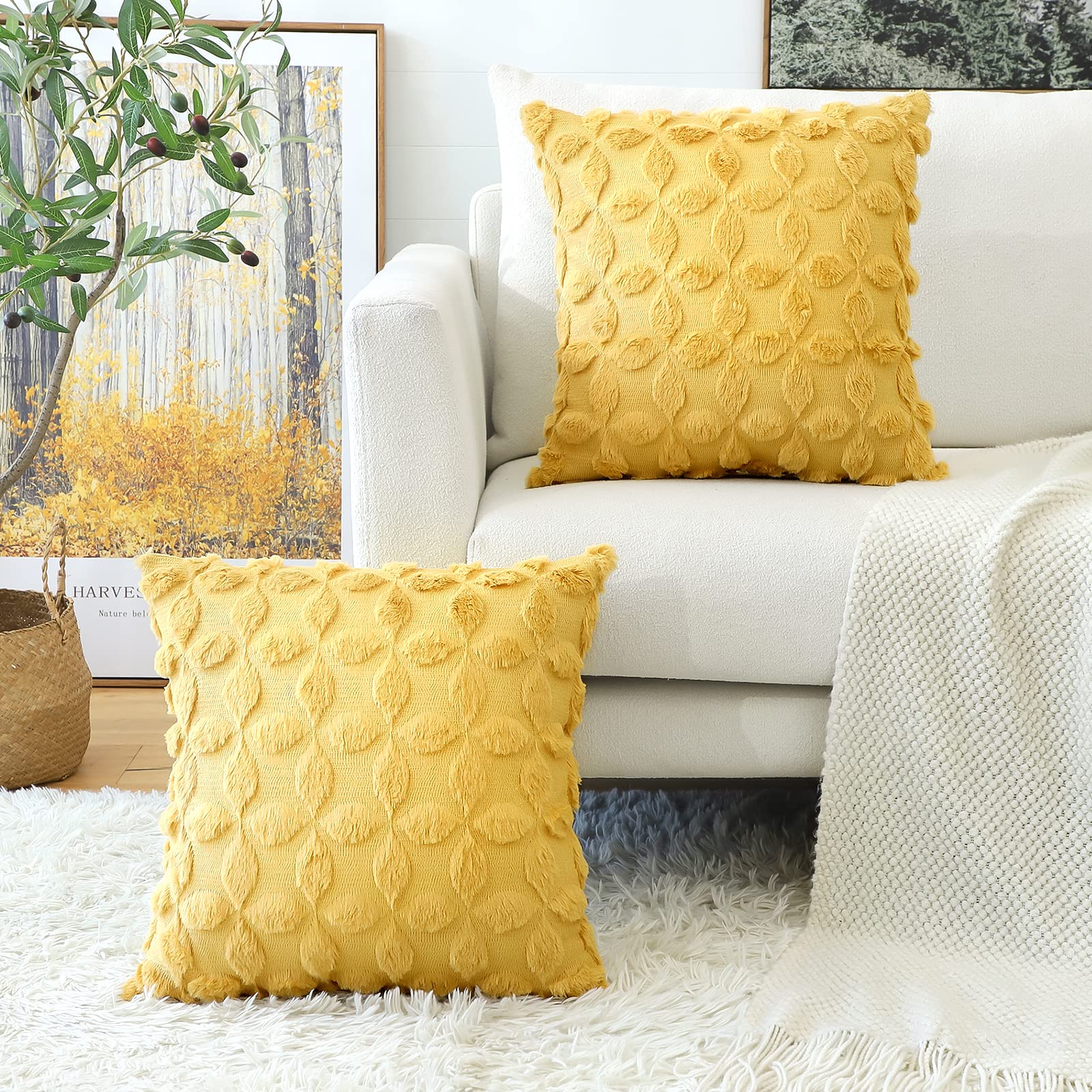OTOSTAR Set of 2 Soft Plush Short Wool Velvet Decorative Throw Pillow Covers with 3D Flower Pattern Cushion Covers - Couch Sofa Pillow Covers for Living Room - Yellow 18x18 Inch