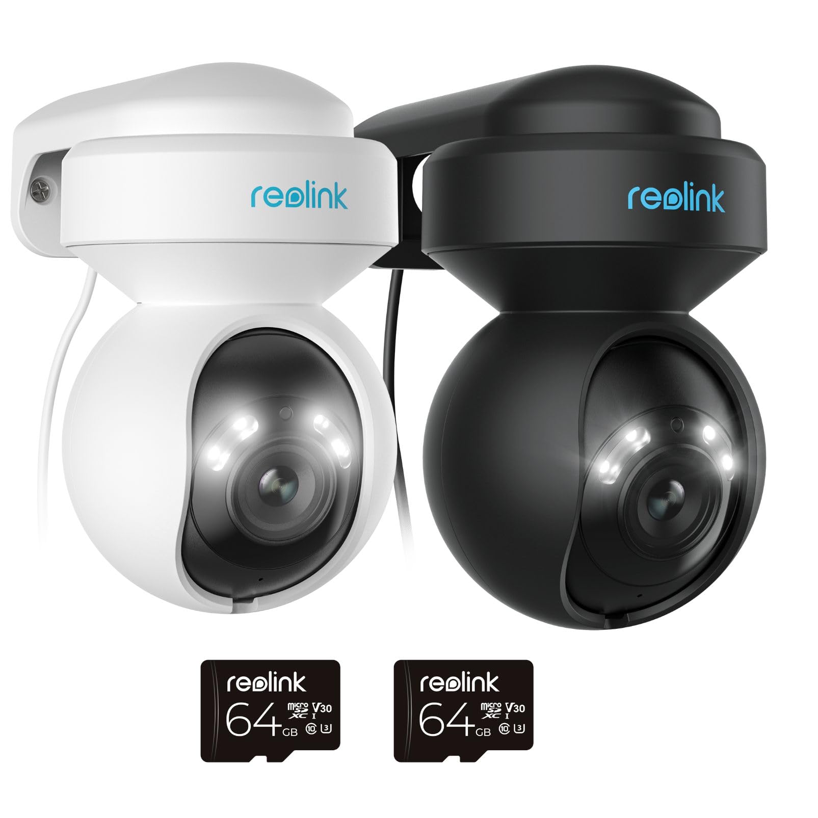 REOLINK Camera with 64gb microSD Card Bundle, One White and One Black, DIY System, Local Storage with No Subscription Fee, E1 Outdoor