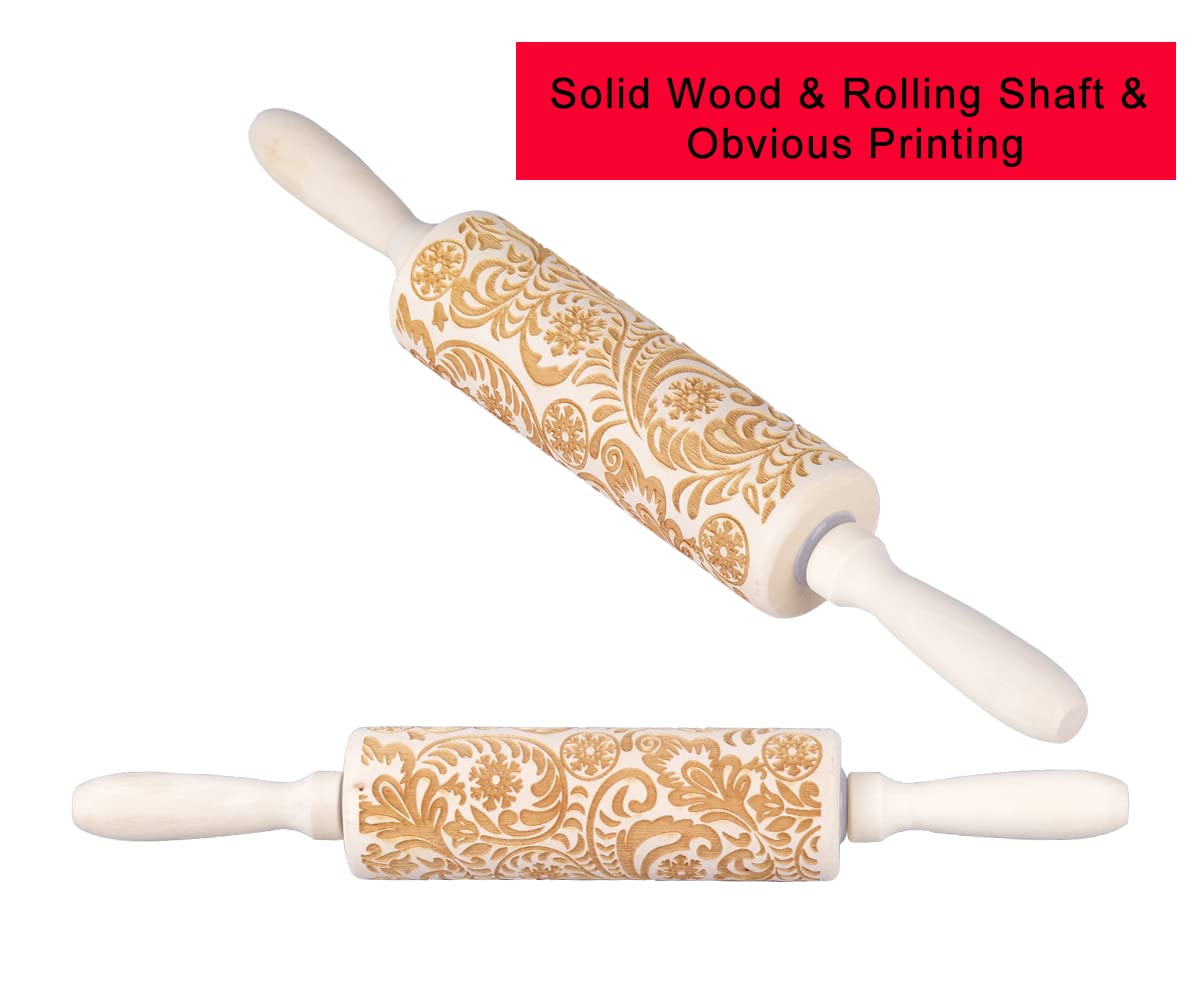 Wooden Embossing Rolling Pins with Designs for Baking, Engraved Rolling Pin with Pattern, Fondant Roller Snowflakes Christmas 3D