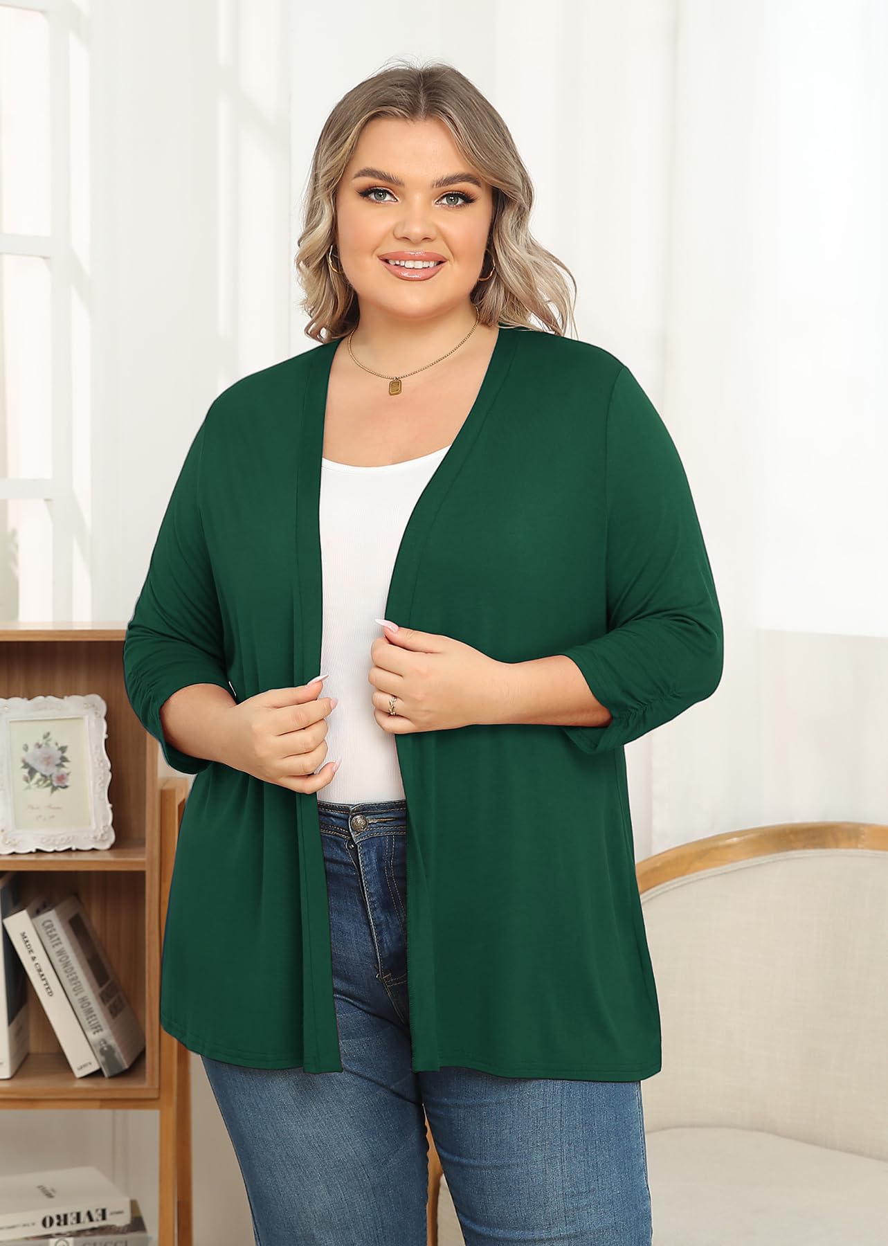 POSESHE Women's Plus Size Casual Lightweight Open Front Cardigans Soft Draped 3/4 Sleeve Cardigan Dark Green 4X-Large