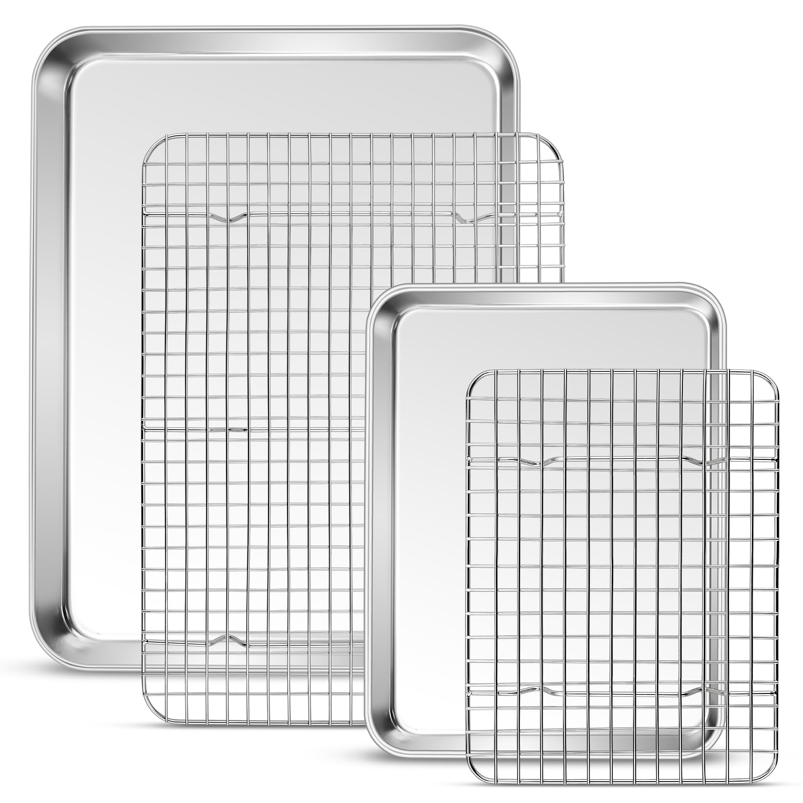 P&P CHEF Baking Sheet and Rack Set, 4 PACK (2 Sheets + 2 Racks), 2 Sizes Stainless Steel Baking Pans Cookie Sheets with Cooling Racks for Cooking & Roasting, Oven & Dishwasher Safe, Non-toxic