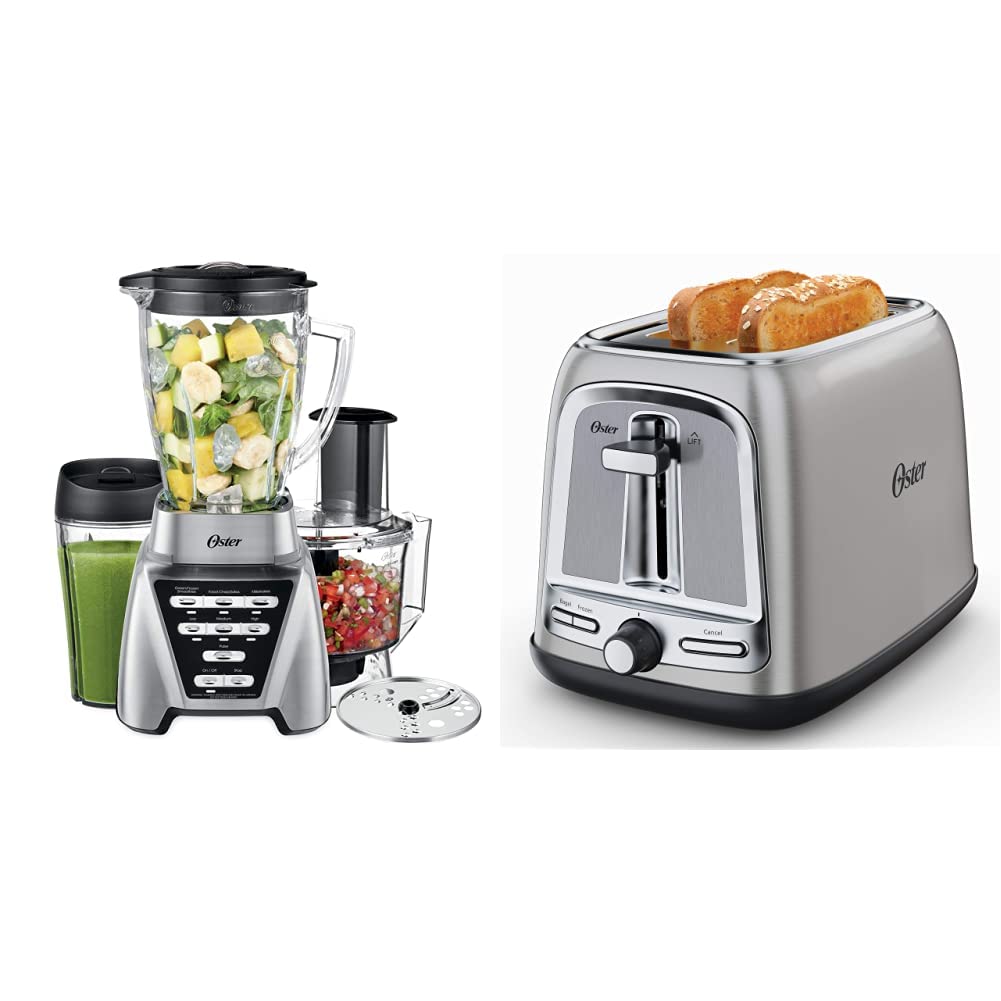 Oster Blender | Pro 1200 with Glass Jar, 24-Ounce Smoothie Cup and Food Processor Attachment, Brushed Nickel - BLSTMB-CBF-000 & 2-Slice Toaster with Advanced Toast Technology, Stainless Steel