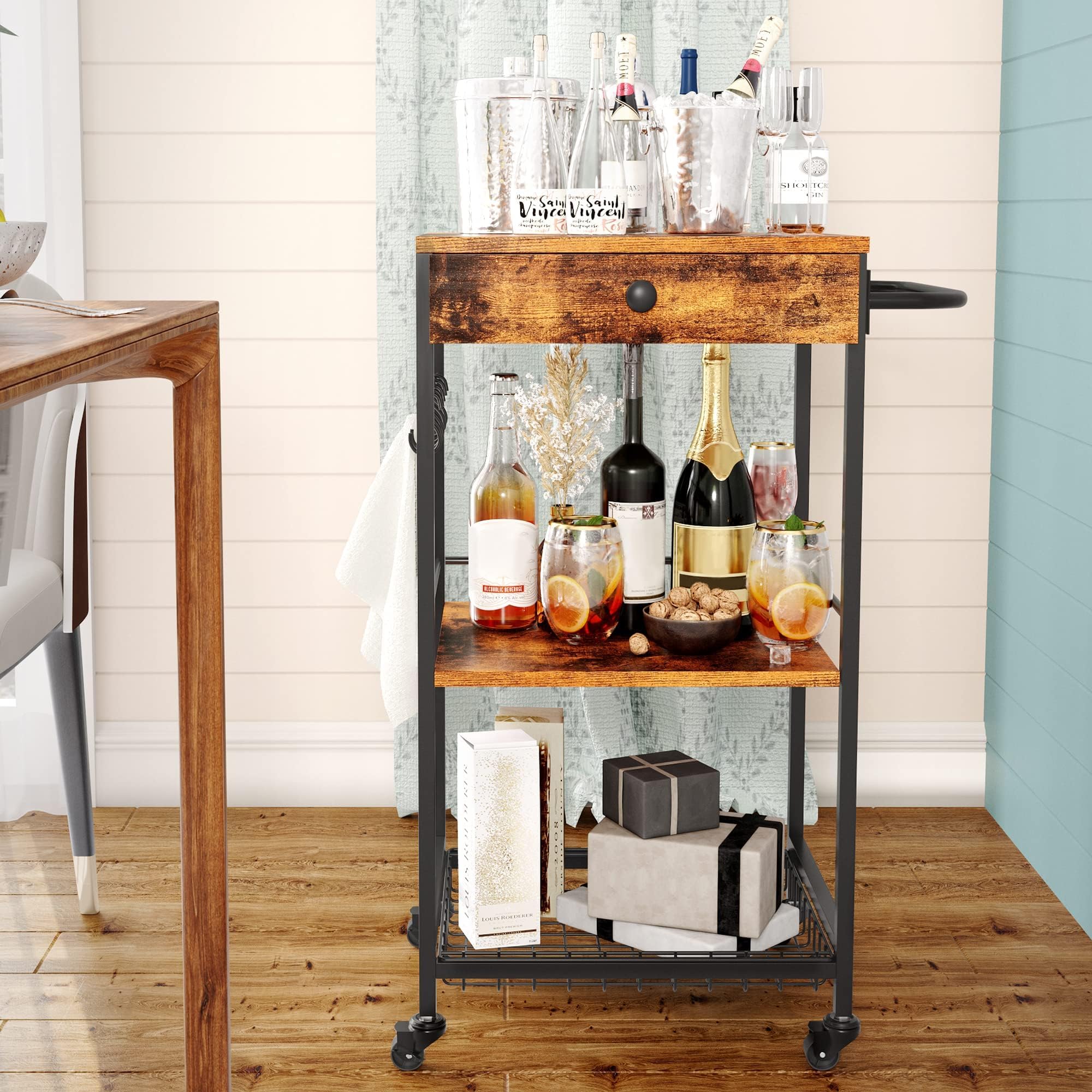 ODIKA Rustic Cabin Wooden Coffee Cart - Rolling Kitchen Island with Microwave Stand on Wheels, Spacious Storage Drawer - Perfect for Compact Homes & Small Apartments