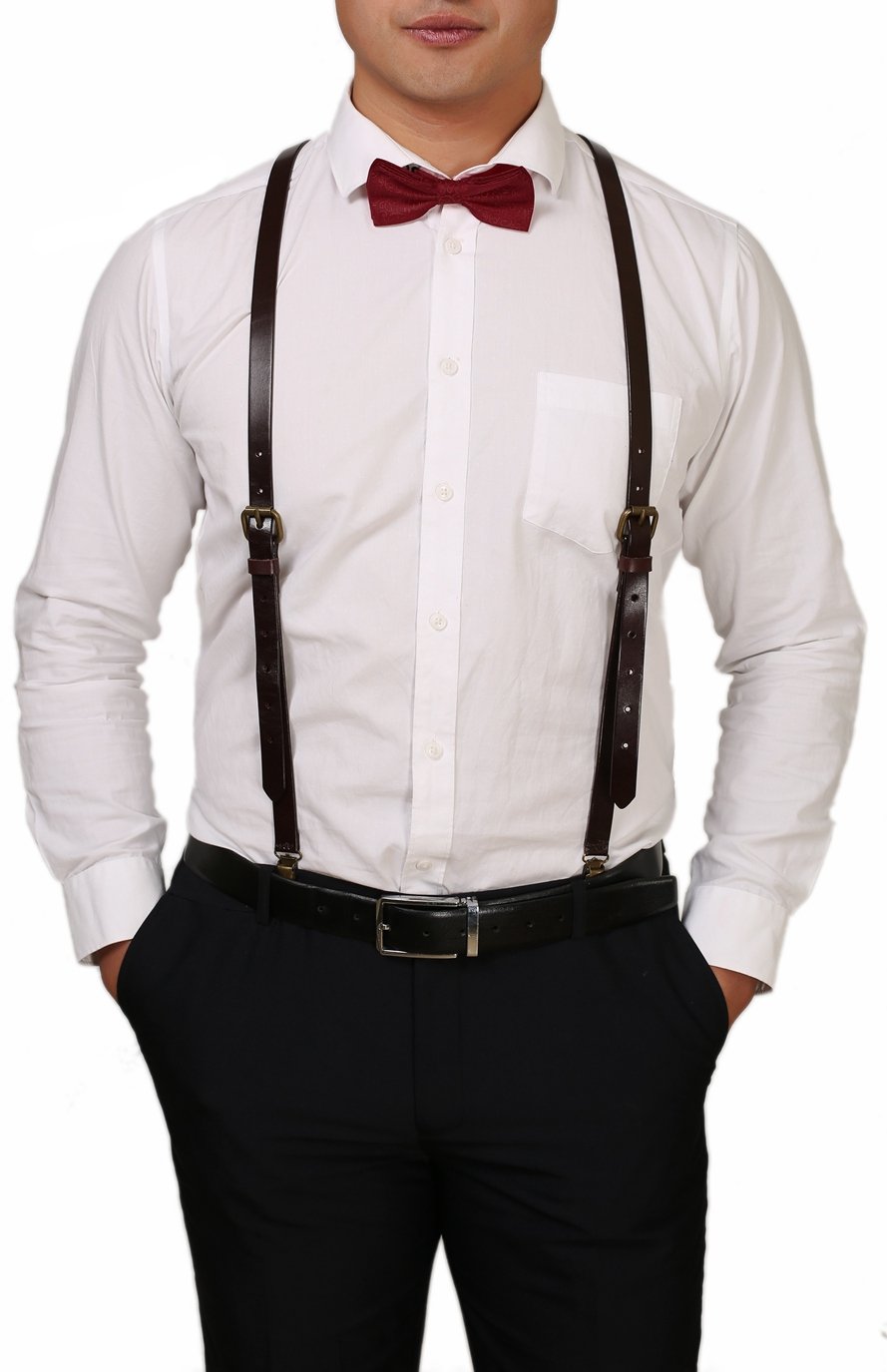 ROCKCOW Mens Leather Suspenders Adjustable Elastic Y Back Design for Wedding Christmas Party