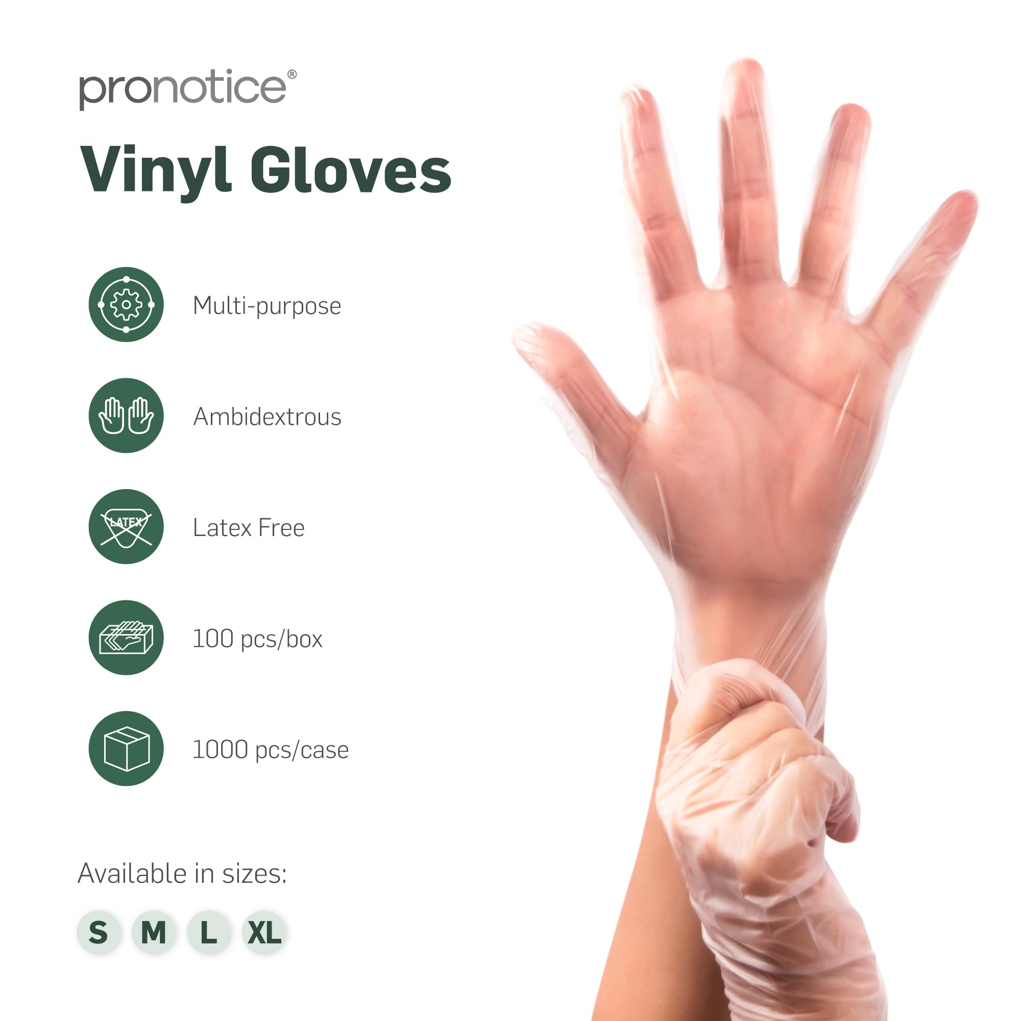Pronotice Disposable Vinyl Glove, Clear, General Purpose, Powder Free, Food Safe, Cleaning, Latex-Free, Full Case 1000 Gloves (Medium)