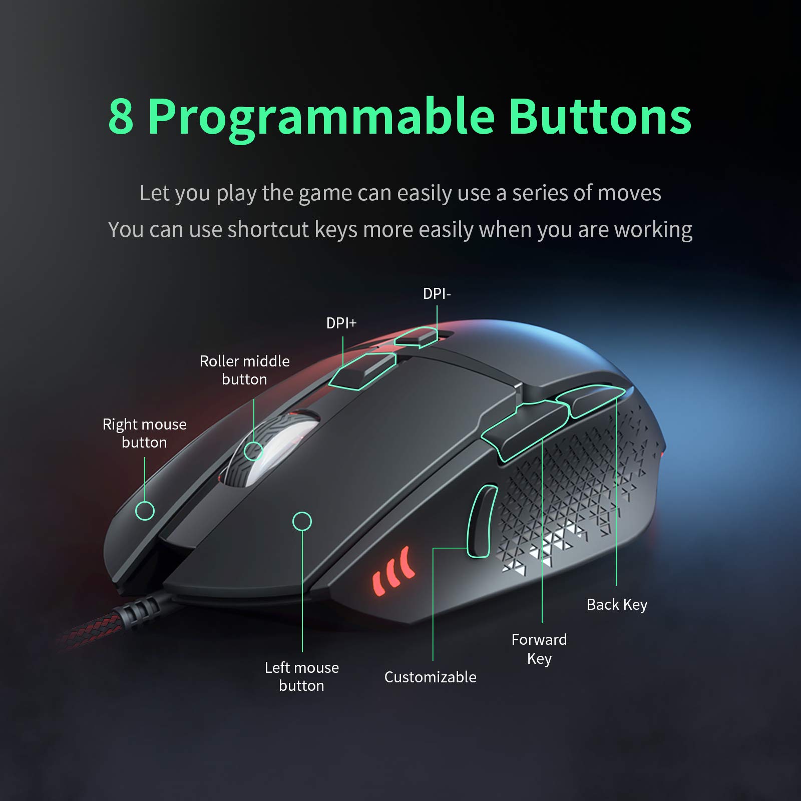 QYD Gaming Mouse Wired 7200 DPI Adjustable Gaming Mice USB RGB Mouse for Big Hands, 8 Programmable PC Mice, Ergonomic Gamer Mouse for Gaming Laptop Desktop Computer PC with 1.67m Braided Cable