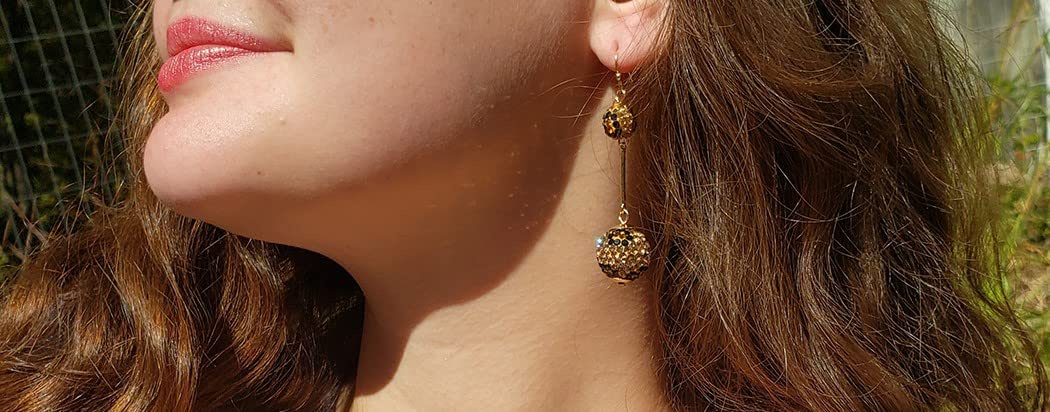 Rosemarie & Jubalee Women's Get Wild Leopard Print Pave Crystal Ball Drop Earrings (Double Ball Bar Gold Tone Fish Hook, 2.5")