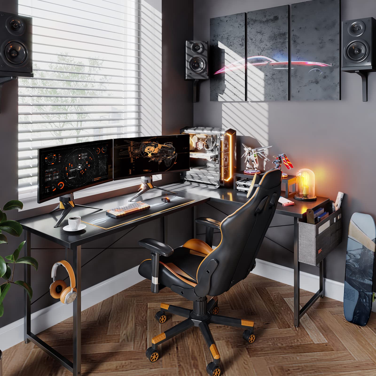 ODK L Shaped 66" Corner Desk, Computer Gaming Home Office Writing Desk with Monitor Shelf, Space-Saving Workstation Modern Simple Wooden Desk, Easy to Assemble, Black