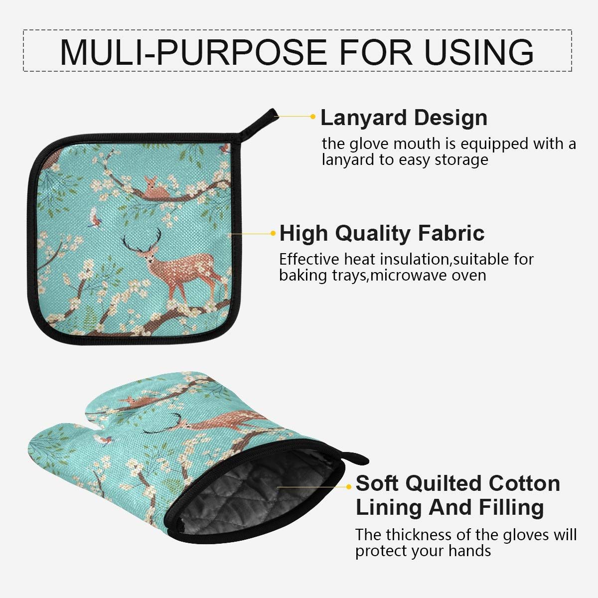 ZZXXB Deer Plum Floral Oven Mitts and Pot Holders Set of 2 Heat Resistant Non-Slip Kitchen Gloves for Cooking Baking Barbecue Grilling