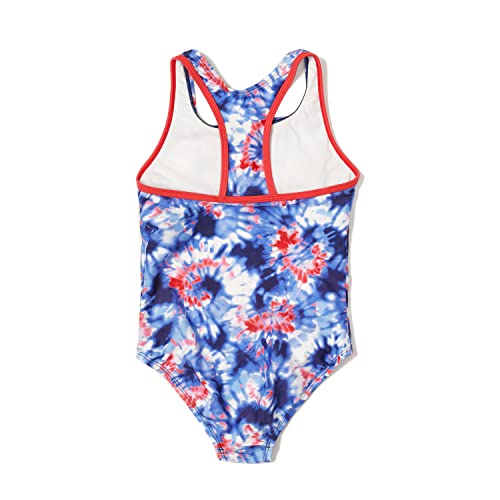Speedo Girls' Standard Swimsuit One Piece Closed Racerback, Tie Dye Red/White/Blue, 7 Big Kid