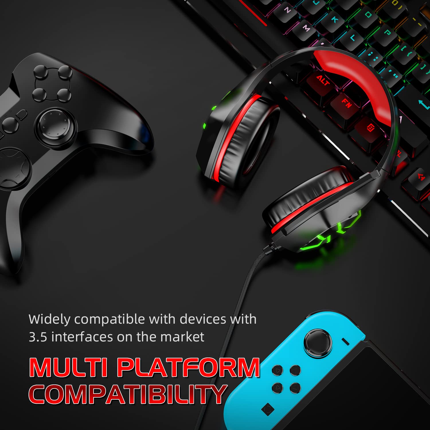 TUMAN Pro Gaming Headset with Microphone for Playstation 5,with RGB Lights and Stereo Channels,3.5mm Jack for PC Xbox One PS5,Comfort Upgrade (Red)