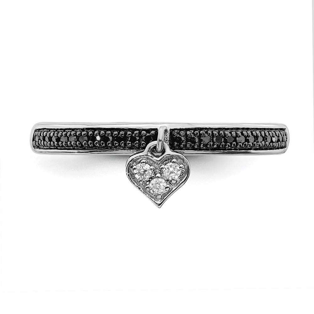 Solid 925 Sterling Silver Stackable Heart Black and White Diamond Ring Eternity Band Size 7 (.129 cttw.)