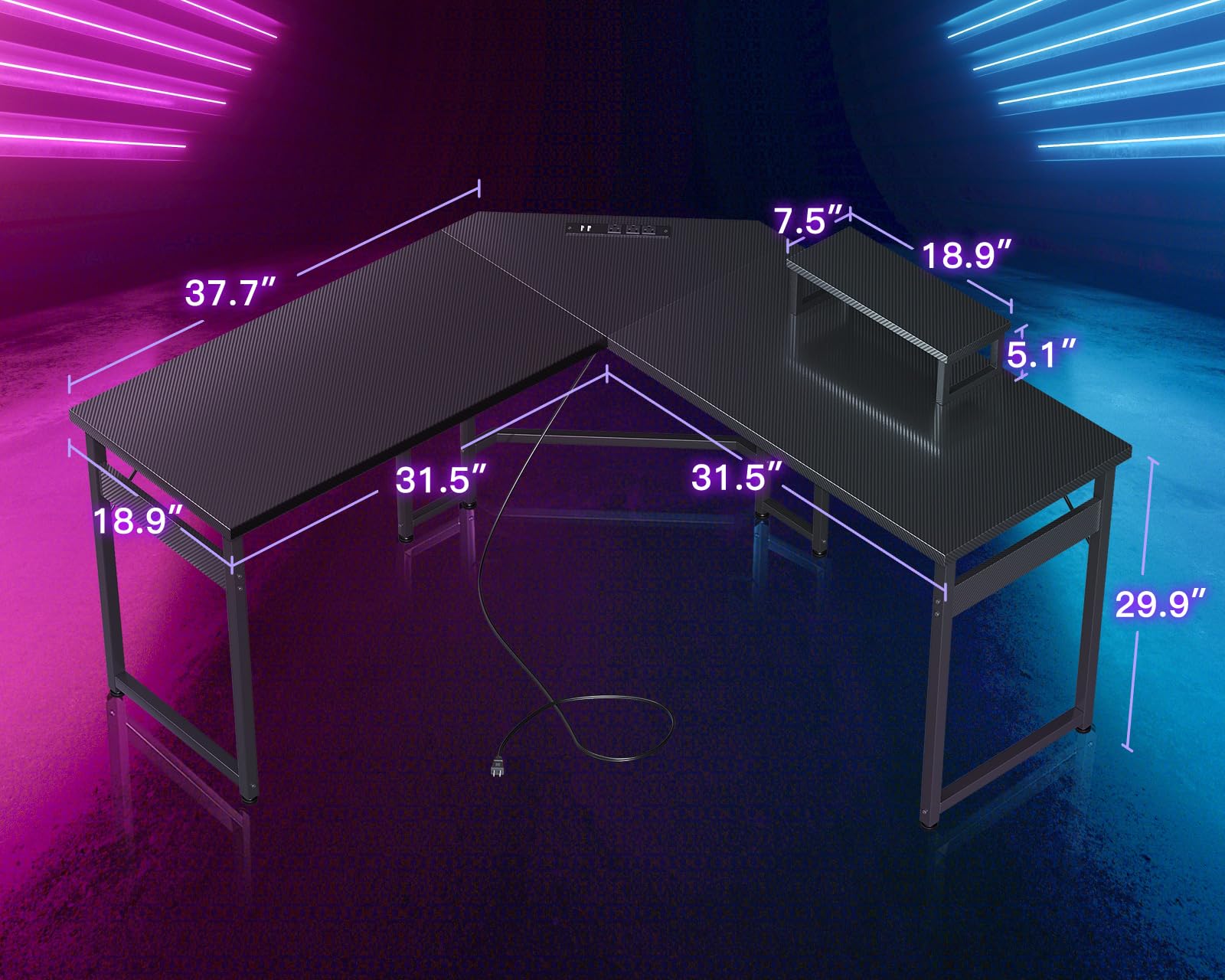 ODK L Shaped Gaming Desk with Power Outlets, 51 Inch Computer Desk with Monitor Stand, PC Gaming Desk, Corner Desk Table for Home Office Sturdy Writing Workstation, Carbon Fiber Surface, Black