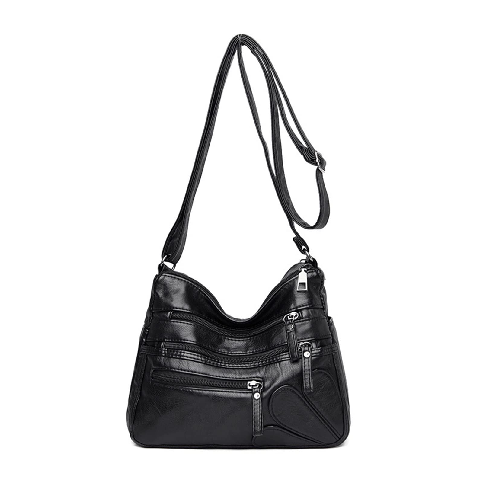 Tuoig Women Shoulder Bag PU Leather Crossbody Bag Multi-Pockets Messenger Bag Flower Patchwork Leather Purse Soft Handbag (Color : Black)